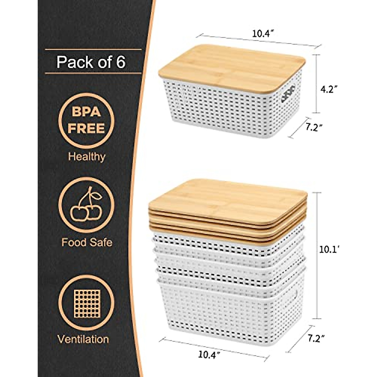 EOENVIVS Set of 6 Storage Baskets With Bamboo Lids, Plastic Storage Bins for Pantry Organization and Storage Containers for Shelves Drawers Desktop Closet Playroom Classroom Office Home, White