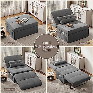 Aiho Sleeper Chair Bed, 4 in 1 Convertible Chair Sofa Bed, Assembly-Free Sofa Chair Bed with Adjustable Backrest Linen Fabric, for Living Room Apartment Office, Dark Grey