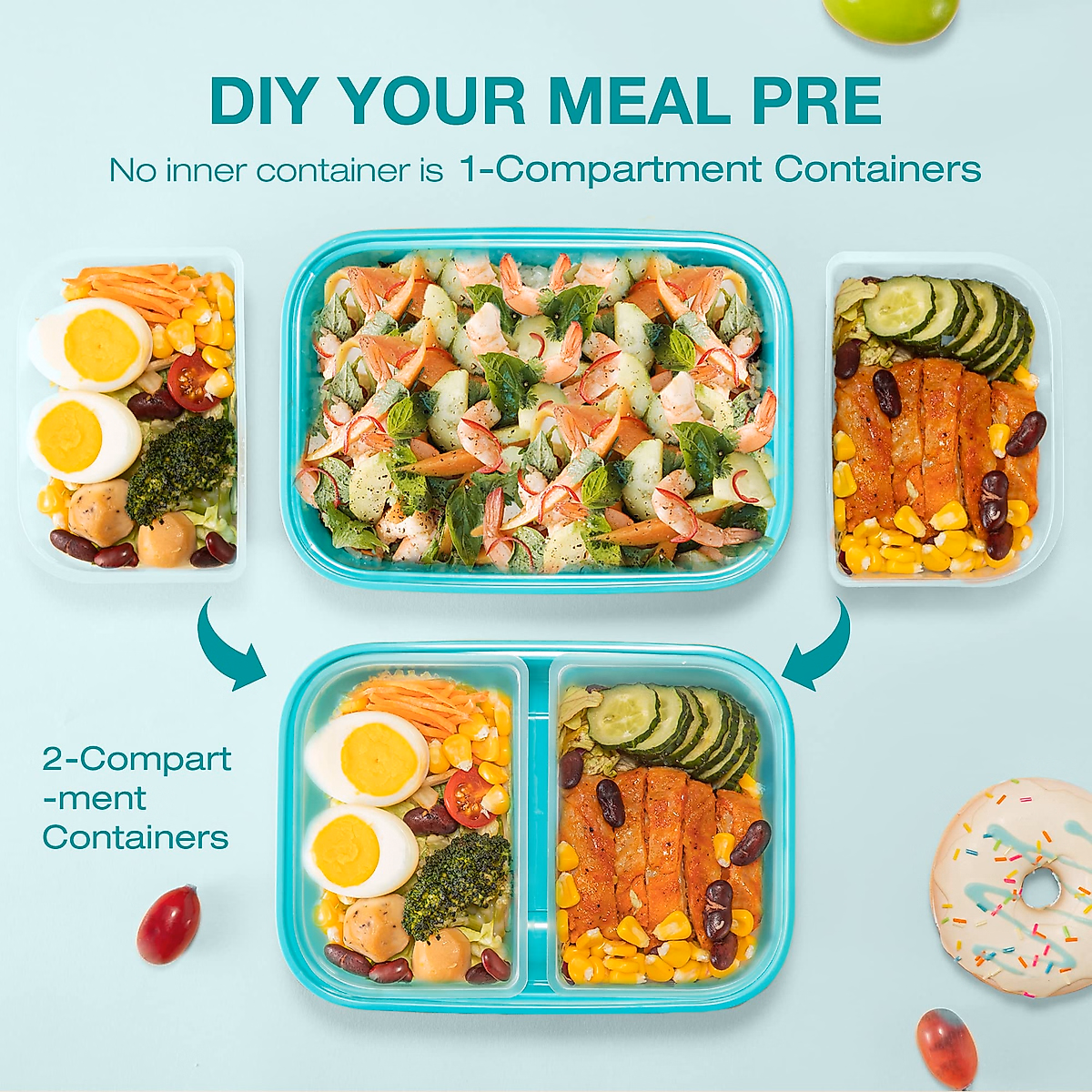 Glotoch Meal Prep Containers Reusable,38OZ 1or2 Compartment To Go Containers, Double Use as Divided Plastic Food Prep Containers with Lids for Lunch, Microwave&Freezer Safe, BPA-Free,30 Packs, Teal