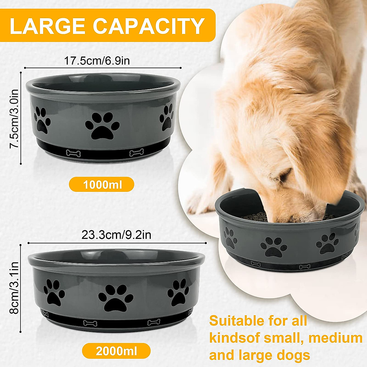 KPWACD Ceramic Pet Bowl for Dogs and Cats, Weighted Non-Slip Dog Bowls Food and Water Dish, Durable Pets Feeding Bowls Suitable for Small, Medium, and Large Dogs, Grey, 70 Oz