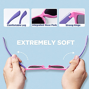 RIVBOS Kids Sunglasses for Girls Boys with Strap Polarized UV Protection Flexible Rubber Shades RBK004-2 Pink