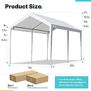 ADVANCE OUTDOOR Adjustable 10x20 ft Heavy Duty Carports Car Canopy Garage Boat Shelter Party Tent, Adjustable Height from 9.5 ft to 11 ft, White