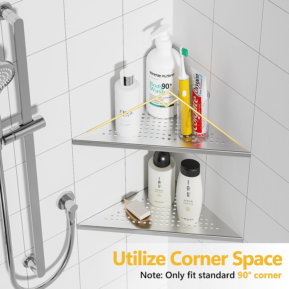 Neodrain 10 Inch Brushed Corner Wall Shelf Set of 2, Floating Corner Shelves for Wall, 304 Stainless Steel Wall Storage Shelves for Bathroom,No Drilling