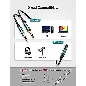 VIOY Headphone Splitter for Computer [3FT/1M], CTIA 3.5mm Female TRRS to 2 Male TRS Audio Jack Adapter with Separate Microphone and Earphone Converter for Gaming Headset to PC…