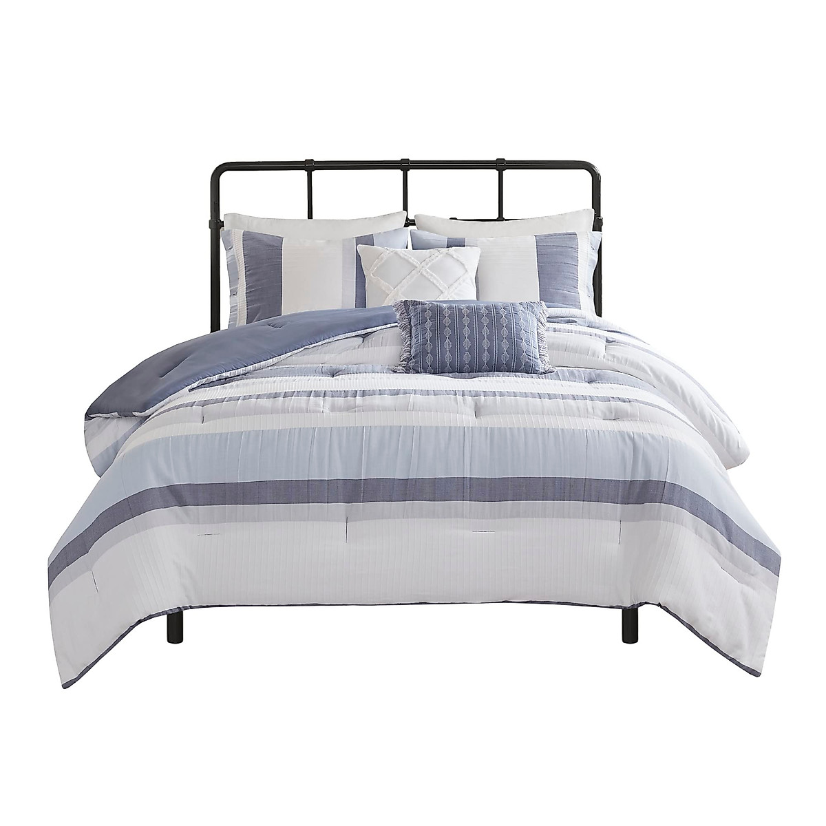 Madison Park Allegany Jacquard Comforter Set, Casual Farmhouse Striped Design, Modern Bedroom Décor, All Season Bedding with Matching Sham, Decorative Pillows, King/Cal King, Blue 5 Piece