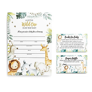 25 Safari Jungle Baby Shower Invitations (LARGE SIZE 5X7 INCHES), Diaper Raffle Tickets, Baby Shower Book Request Cards with Envelopes Greenery Jungle Animal Invites for Boy Baby Showers