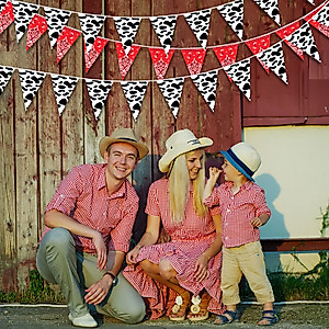 Ctosree 5 Pack 49 Ft Cow Print Bandana Pennant Banners Cow Bunting Banner Western Cowboy Baby Shower Birthday Party Supplies Red White Black Flag for Wild West Farm Theme Party Decor, 7.5 x 10.8 Inch