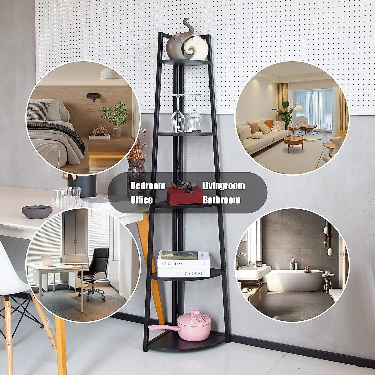 LAZYLAND Corner Shelf 65 Inch Tall Bookcase 5 Tier Corner Bookshelf Corner Ladder Shelf Small Bookshelf Antique Plant Rack Freestanding for Bathroom, Kitchen, Living Room, Bedroom, Home Office