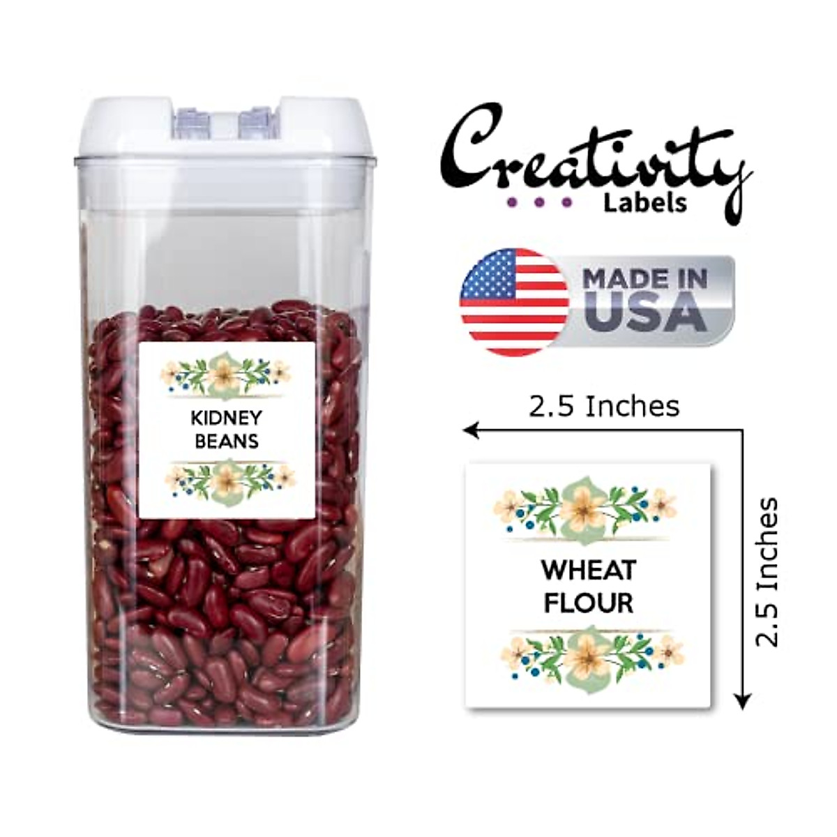 144 Pantry Labels for Food Storage Containers, Waterproof Printed on White Glossy Labels, Household Stickers + Numbers, Floral Kitchen, Water Resistant, Organization for Jars and Canister