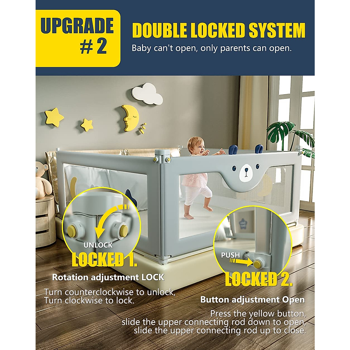 Holike Bed Rails for Toddlers - 60 inch 70 inch 80 inch Extra Long Baby Bed Rail Guard (3 Sides: Perfect for California King Bed,Include 3 Sides)