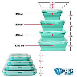Collapsible Silicone Food Storage Container Set of 4 with Lids | Stackable - Space Saving | Microwaveable | Freezer, Dishwasher Safe| BPA Free|Collapsible Leftover or Meal Prep Lunch Box Containers