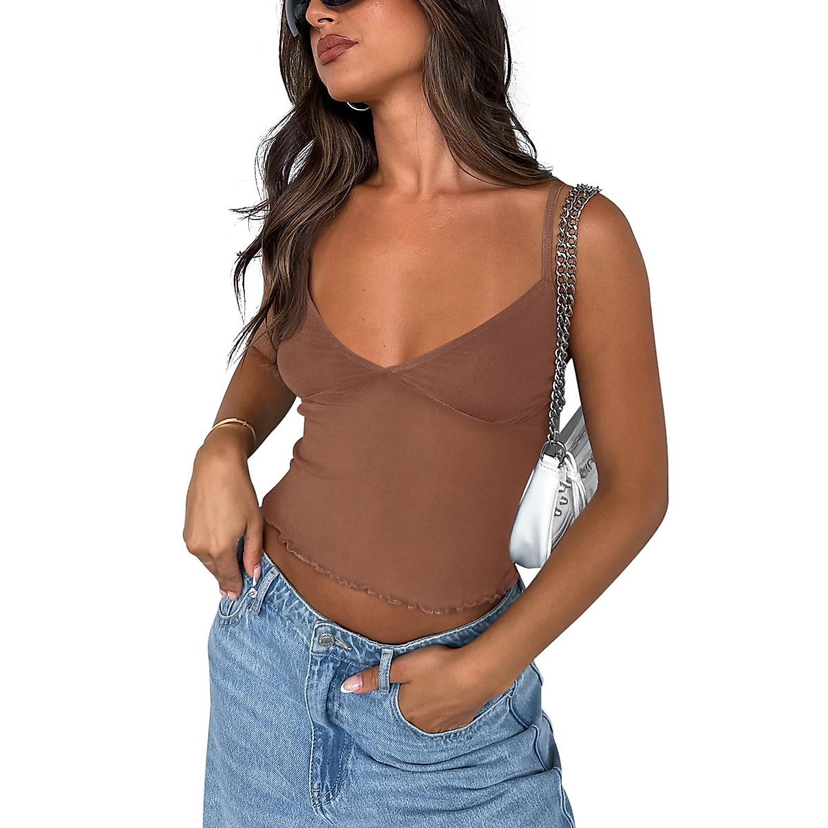 REORIA Women's Summer Sexy V Neck Sleeveless Adjustable Spaghetti Strap Sheer Mesh See Through Going Out Trendy Cami Camisole Y2k Crop Tops Coffee Small