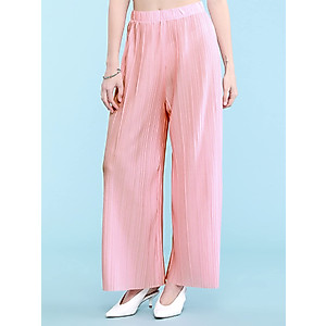 Lock and Love LL WB1795 Womens Casual High Waisted Pleated Wide Leg Palazzo Pants Trousers with Elastic Waist Band L Pink