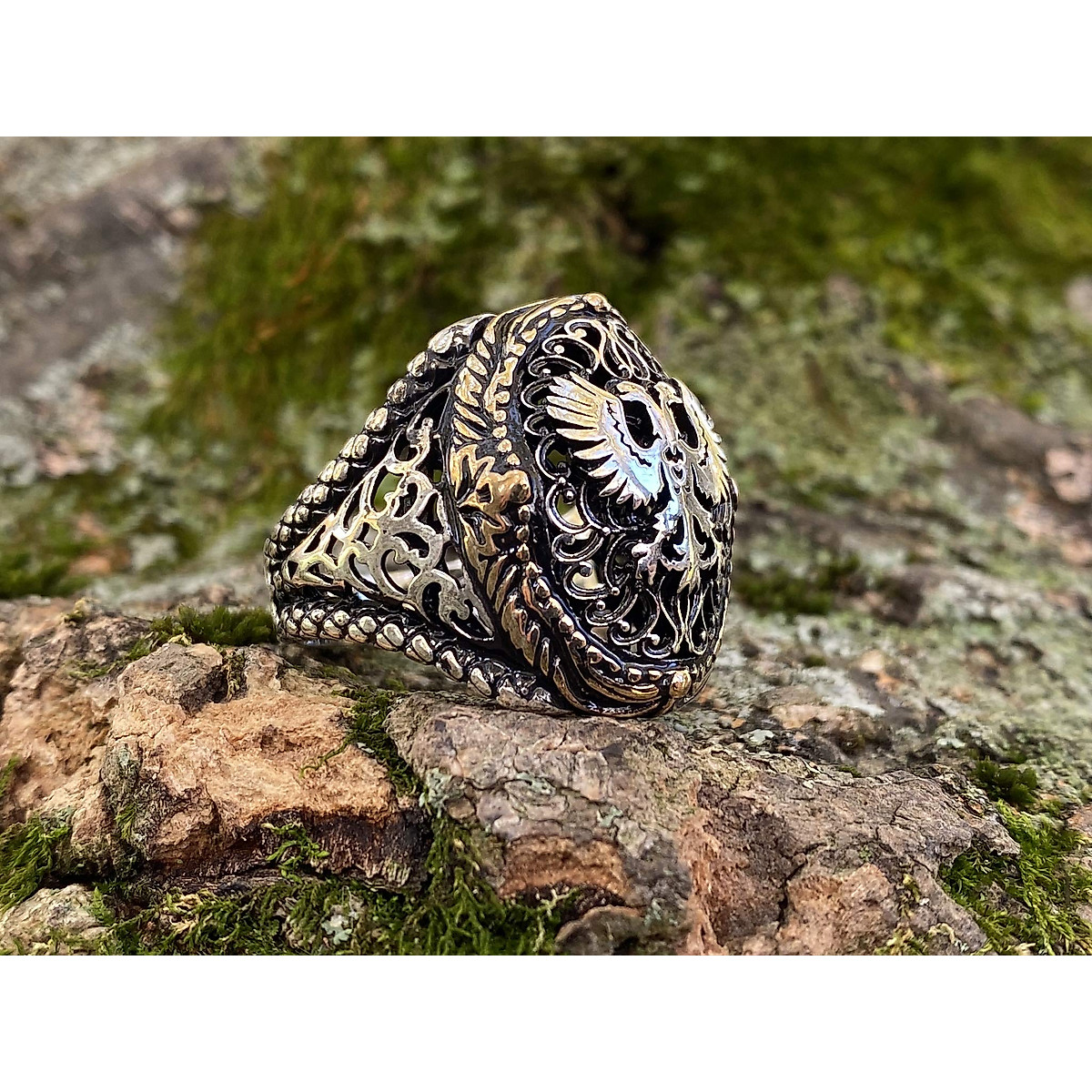 KAR 925 Sterling Silver Double Head Eagle Filigree Design Biker Ring I2A (9)