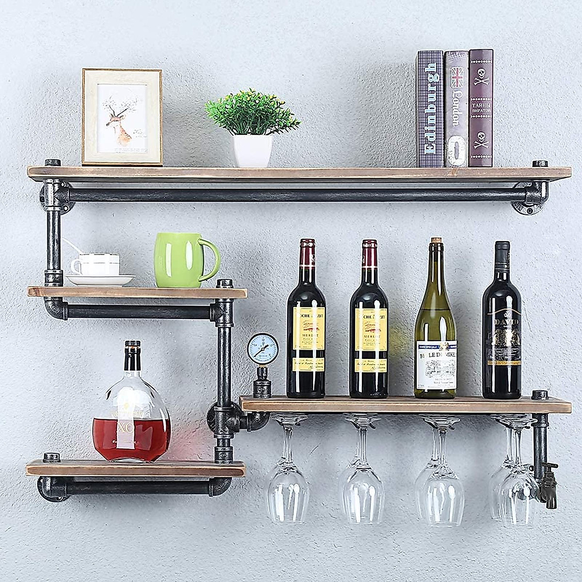 Wall Wine Rack with 4 Stem Glass Holder Wall-Mounted Wine Racks, 39.37" Industrial Pipe Shelf Wine Rack Metal Floating Bar Shelves, Farmhouse Wall Shelf Wine Holder for Kitchen Dining Room Bar