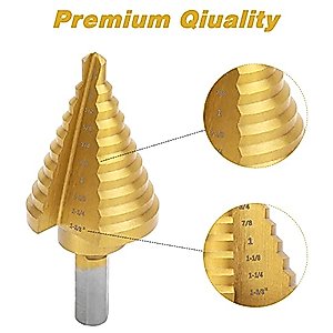 10 Sizes Titanium Step Drill Bit, 1/4 to 1-3/8 Inches High Speed Steel Step Drill Bits for Sheet Metal Hole Drilling Cutting, HSS Multi Size Unibit Drill Bits DIY Lovers, Multiple Hole Stepped up Bits