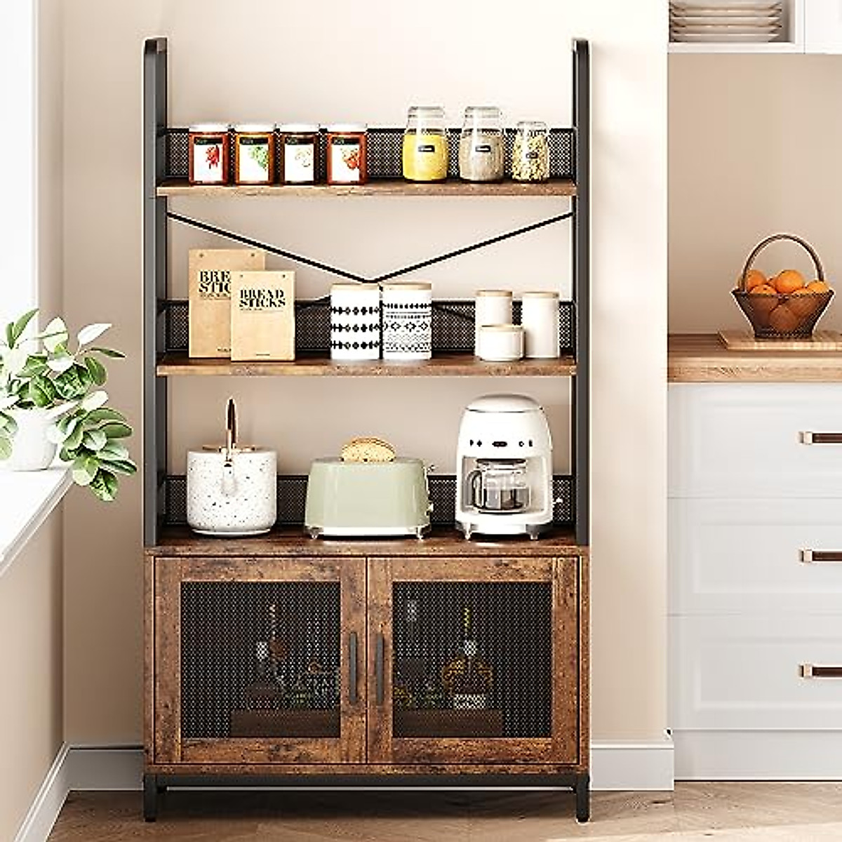 IDEALHOUSE Bookshelf with Doors Industrial Bookcase with 3 Tiers Open Storage Shelves Rustic Bookshelves Tall Display Rack Cabinet Farmhouse Bookshelf for Bedroom, Living Room, Home Office, Brown