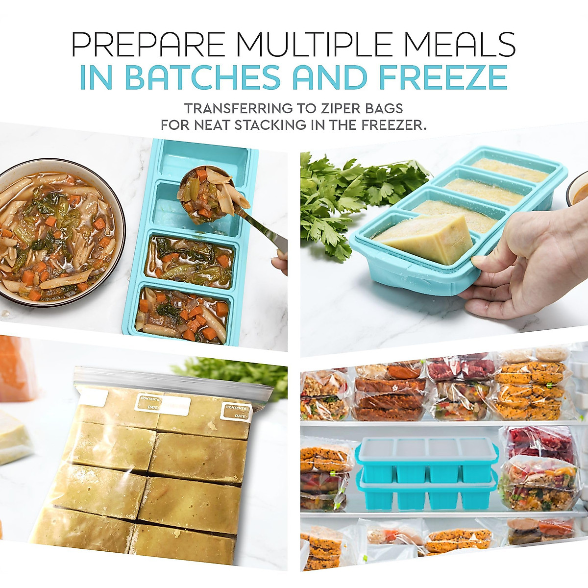 XOMOO Silicone Freezer Tray With Lid - Soup Freezer Container molds - Large Ice Cube Tray- makes 8 perfect 1 cup portions cubes, 2-Pack Freezer Storage Food Soups & Meal Prep - Oven & Dishwasher -Safe