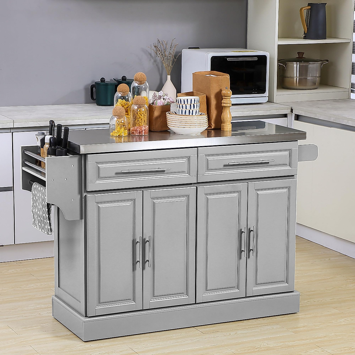 HOMCOM Rolling Island with Wheels for Kitchen, Portable Kitchen Island with Stainless Steel Top, Adjustable Shelves, 2 Drawers, Spice, Knife and Towel Rack, Gray