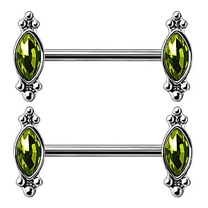 Pierced Owl 14GA 316L Stainless Steel Green Ornate CZ Crystal Nipple Barbells, Sold as a Pair