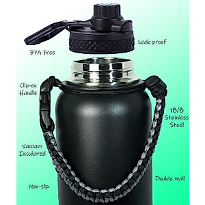 Faji 32oz Powder Coated Double Wall Vacuum Insulated Sports Water Bottle,Stainless Steel Wide Mouth Thermos Flask with Paracord Handle, Straw, Swing, & Spout Lid, Leak Proof, BPA Free (Mystery)