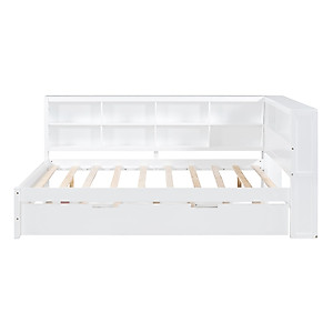 DEINPPA Full Size Platform Bed with L-Shaped Bookcase and Trundle, Wooden Captain Bed Frame with Bookcase Headboard for Kids Teens Boys Girls, No Box Spring Needed-White