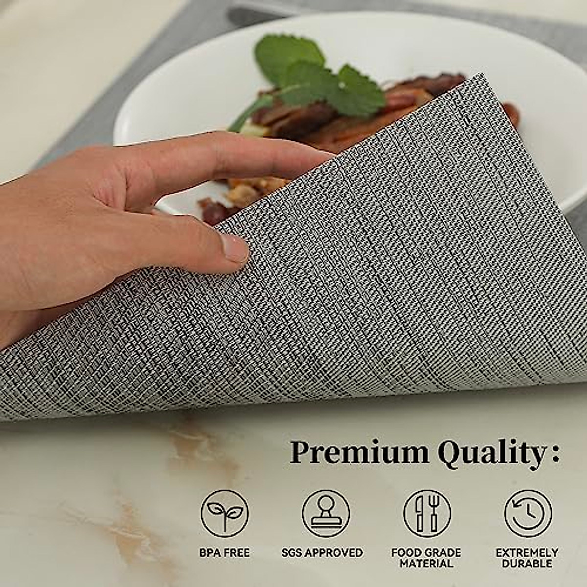 Leetaltree Grey Placemats, Heat Resistant Non-Slip Place mats for Dining Table, Washable Durable PVC Vinyl Woven Table Mats (Set of 6)