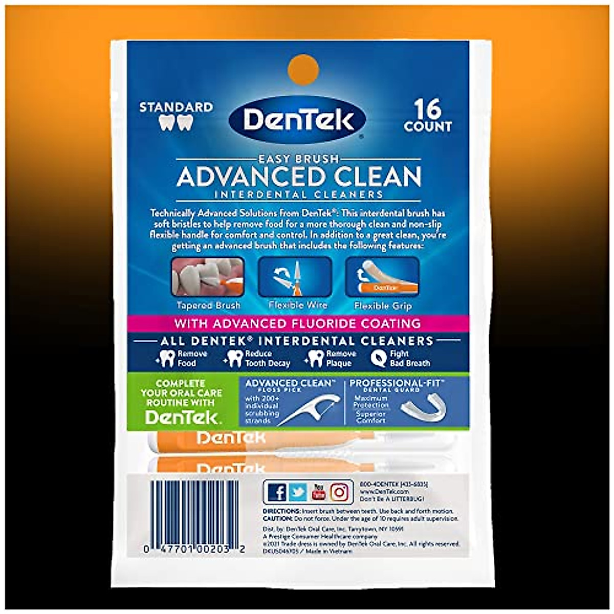 DenTek Easy Brush Advanced Clean Interdental Cleaners, Standard, 16 Count, 6 Pack