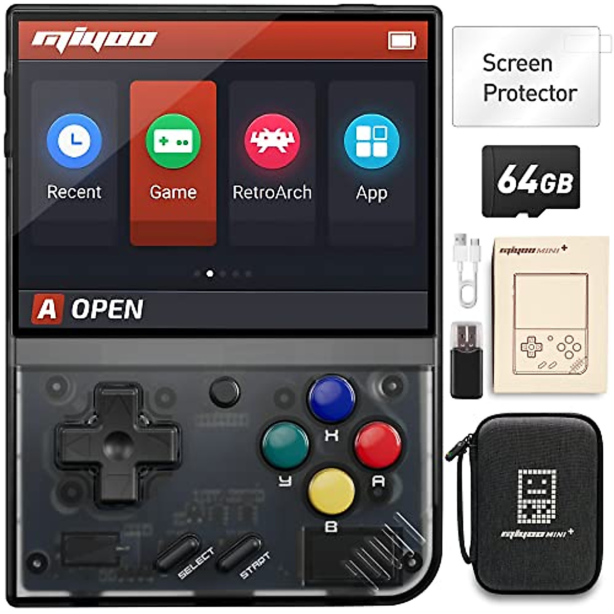 Miyoo Mini Plus Handheld Game Console, with Dedicated Storage Case, 3.5 Inch IPS 640x480 Screen, 64G TF Card with 10,000+ Games, 3000mAh 7+Hours Battery, Support Wireless Network (Black 64G+Case)