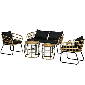 Outsunny 5 Piece PE Rattan Outdoor Furniture Set with Cushioned Chairs & Loveseat Sofa, Patio Sectional Furniture Set, Conversation Sofa Set with Stackable Coffee Tables, Black