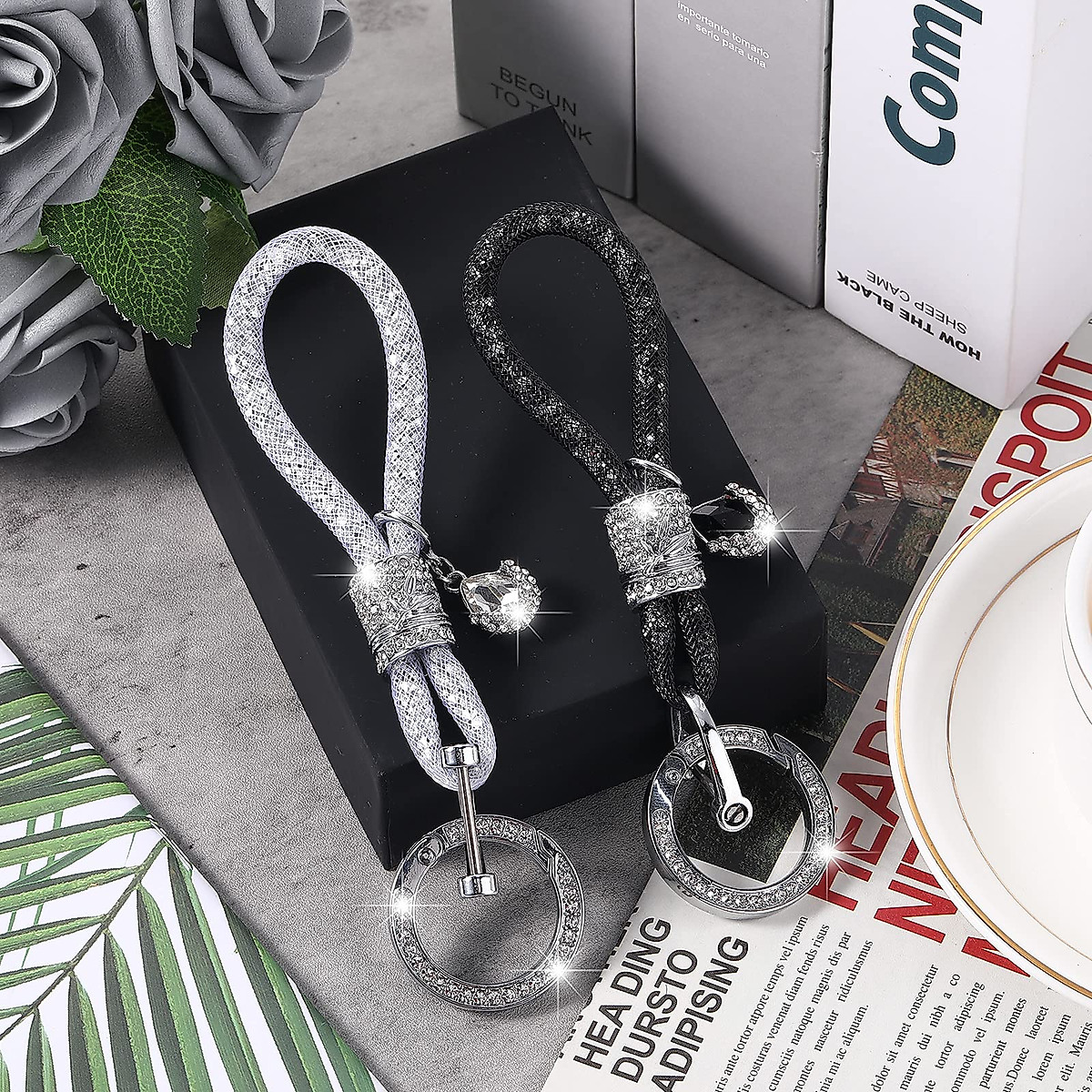 Crystal Bling Car Keychain for Women Glitter Rhinestone Keychain Ring Strap Keychain Accessories Car Key Decorations, Black, White, Large