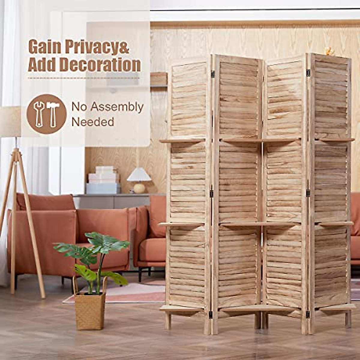 Vicluke 4 Panels Room Divider with 3 Removable Storage Shelves, 5.6 FT Folding Privacy Screen, Wood Portable Wall Divider for Home, Office, Restaurant(Natural)