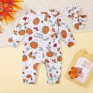 My First Thanksgiving Baby Boy Girl Outfit Long Sleeve Pumpkin Turkey Jumpsuit Thanksgiving Baby Girl Outfit Gift (A with Headband, 6-12 Months)
