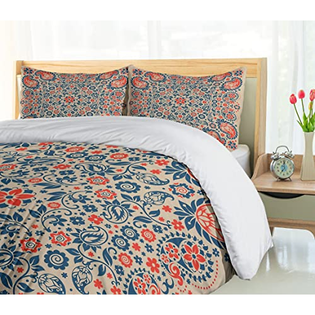Ambesonne Paisley Duvet Cover Set, Floral Ornate Pattern Cultural Folk Persian Middle Eastern, Decorative 3 Piece Bedding Set with 2 Pillow Shams, Queen Size, Night Blue Orange Tan
