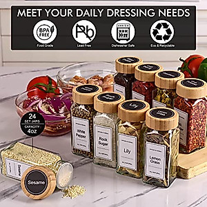 Spice Jars with Label 24Pcs, 4 oz Glass Jars with Bamboo Lids for Spice Rack, Cabinet, Drawer, Spice Containers - 528 Spice Labels, Shaker Lids, Funnel, Brush and Marker