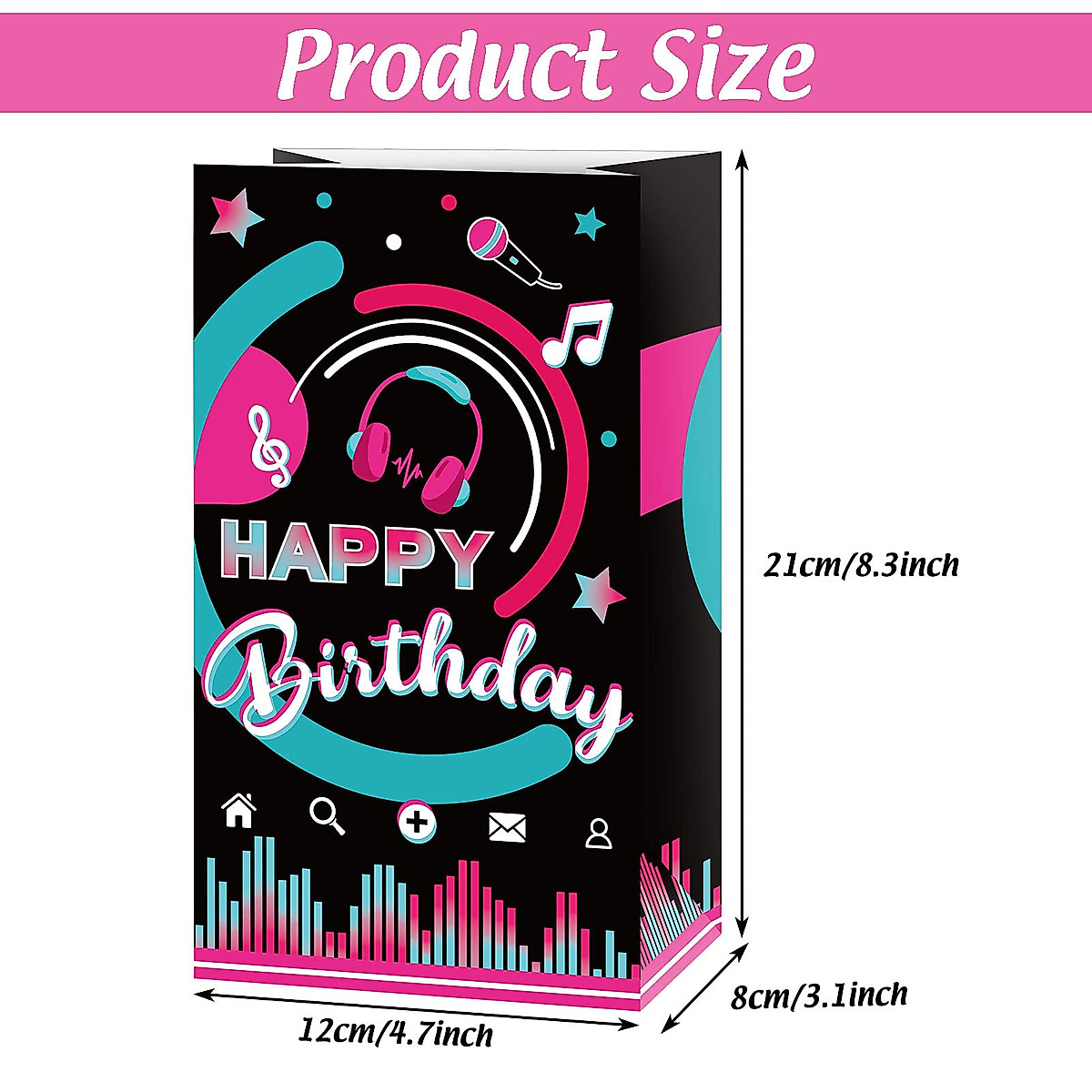 24 Pieces Music Party Paper Bags, Happy Birthday Party Treat Bags Candy Goodie Bags for Teens Social Media Theme Birthday Party Favor, 8.3 x 4.7 x 3.1 Inch