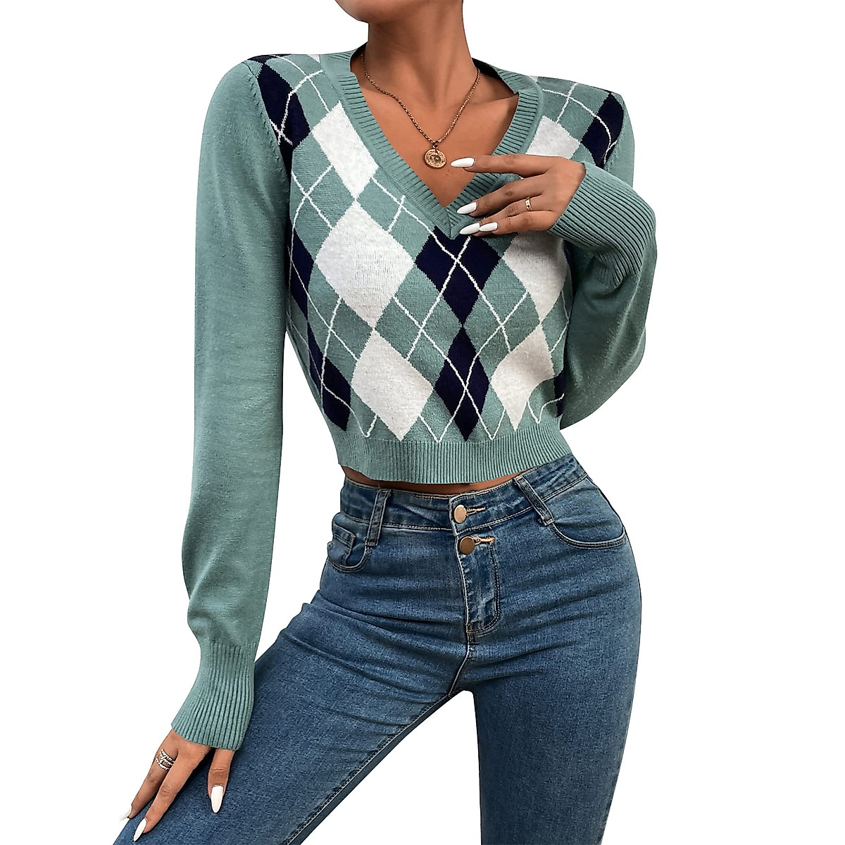 ZAFUL Women's Sweaters Long Sleeve V-Neck Argyle Knitted Crop Sweater Pullover Tops Green