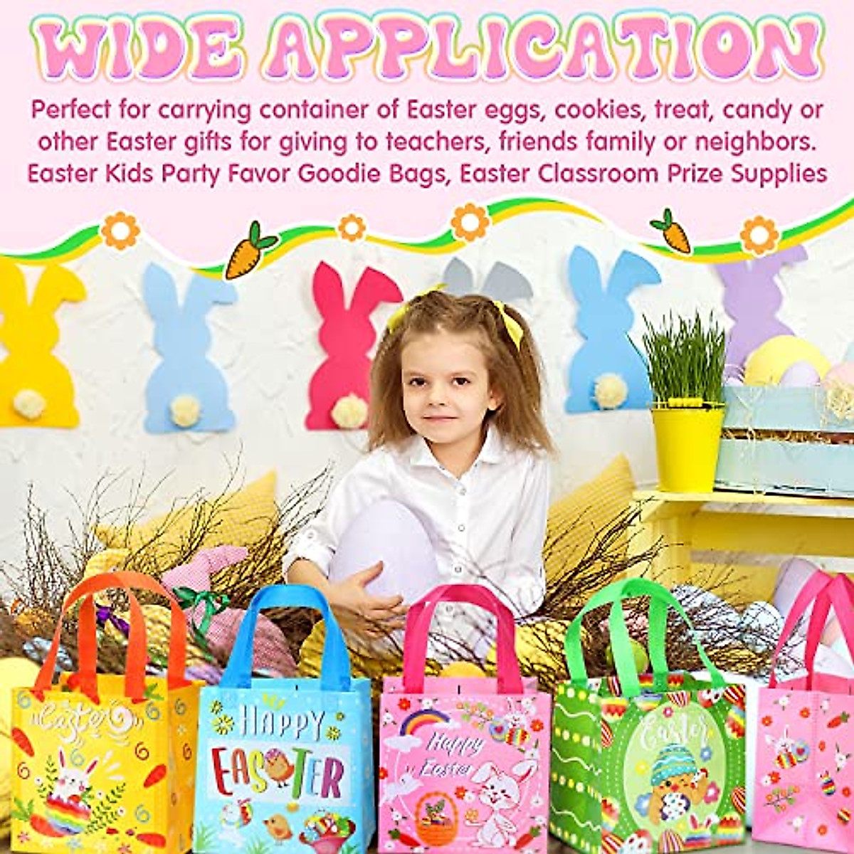 32 Pcs Easter Gift Bags Large 8 x 8 x 6 Inch Easter Non Woven Bags with Handles Rabbit Bunny Reusable Easter Tote Bags for Easter Egg Hunt, Party Favor Supplies