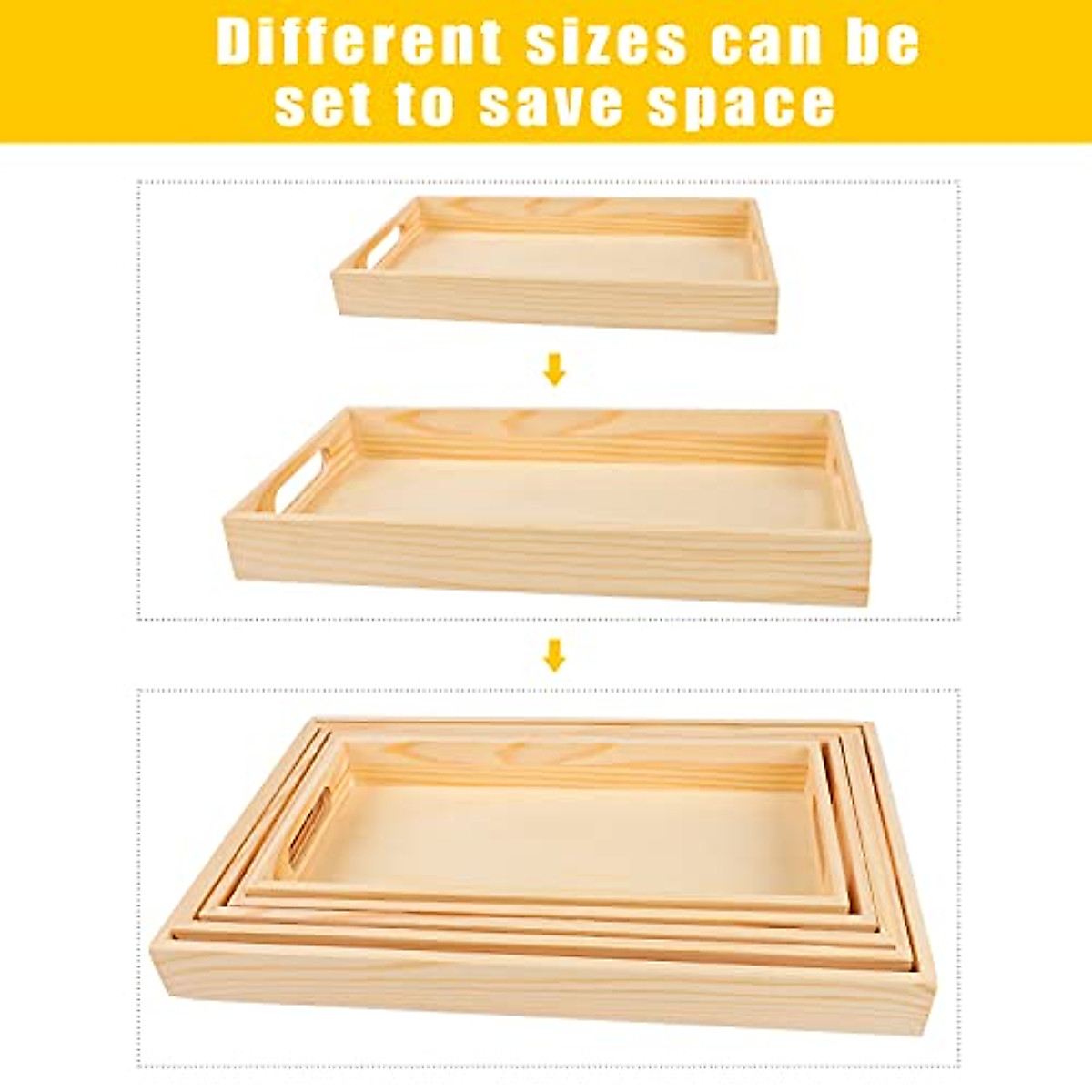 Aodaer 5 Packs Wooden Nested Serving Trays Kitchen Nesting Trays Wooden Trays Rectangular Shape Wood Trays for Kitchen, Breakfast, Party