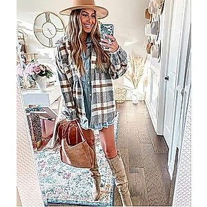 Beaully Women's Brushed Plaid Shirts Long Sleeve Flannel Lapel Button Down Pocketed Shacket Jacket Coats 6017 Khaki Medium