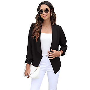 GRECERELLE Women's Blazer Suit Open Front Cardigan 3/4 Sleeve Fitted Jacket Casual Office Cropped Blazer Black-16