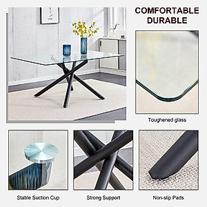 JBFF 71" Large 6-8, Modern 0.39" Tempered Glass Top Black Metal Pedestal Base, Easy Assemble, Mid-Century Rectangle Dinner Table for Dining, Living Room, Kitchen, Office