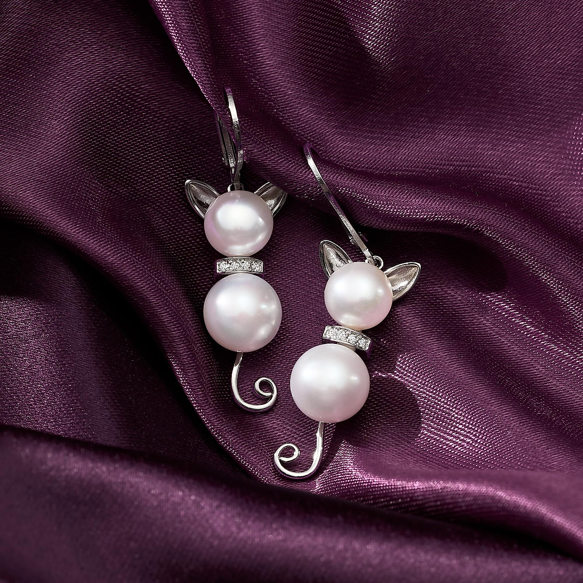 Ross-Simons 7.5-9mm Cultured Pearl and Diamond-Accented Cat Drop Earrings in Sterling Silver