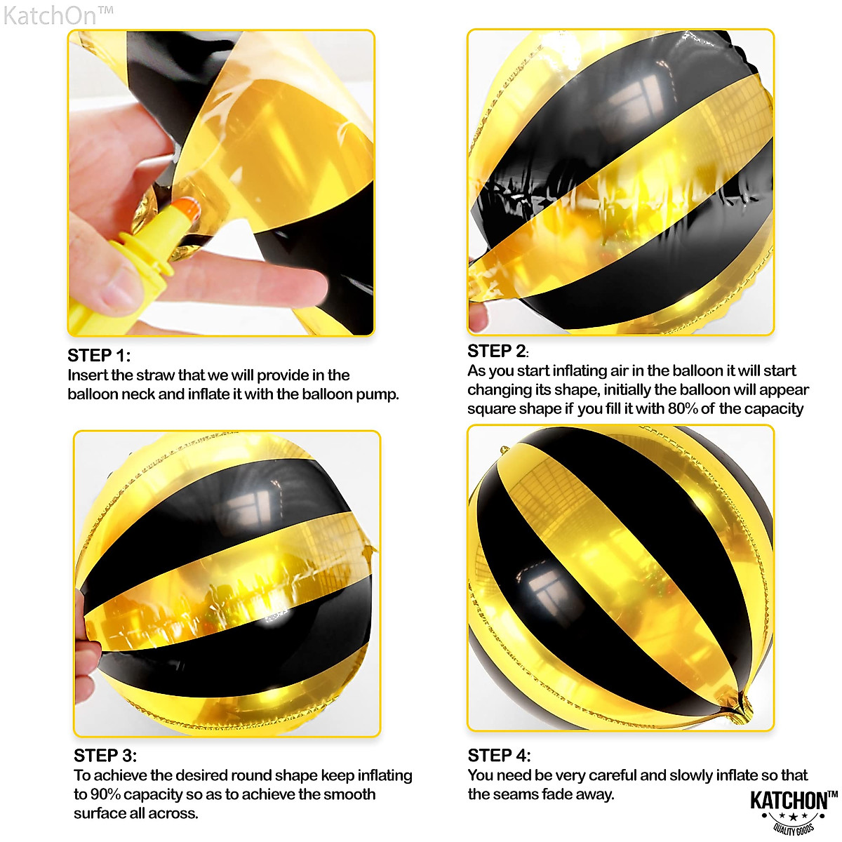 Big, 22 Inch Black and Gold Balloons - Pack of 6, Black and Gold Party Decorations | 360 Degree 4D Sphere Round Gold Black Metallic Balloons for Disco Party Decorations | Hollywood Party Decorations