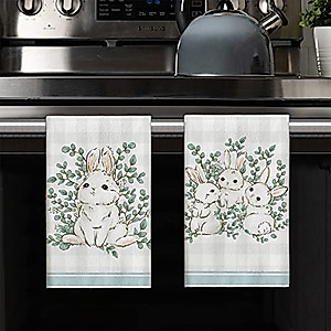 Artoid Mode Buffalo Plaid Rabbit Bunny Eucalyptus Leaves Easter Kitchen Towels Dish Towels, 18x26 Inch Seasonal Spring Holiday Decoration Hand Towels Set of 2