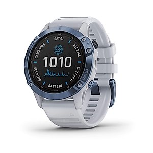 Garmin fenix 6 Pro Solar, Multisport GPS Watch with Solar Charging Capabilities, Advanced Training Features and Data, Mineral Blue with White Band