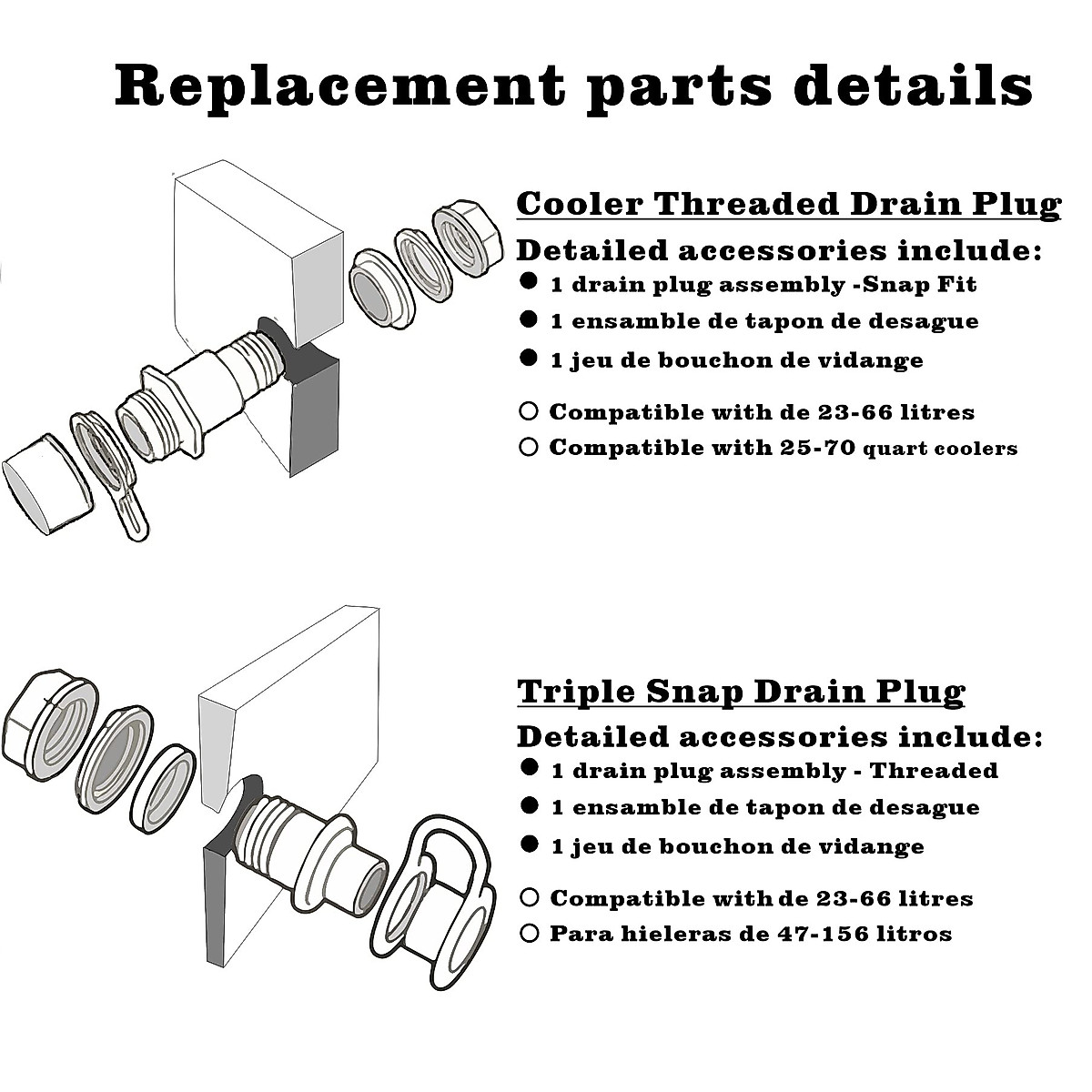 Cooler Replacement Threaded Drain Plug&Triple Snap Drain Plug Kit, for Igloo Cooler Replacement Parts Drain Plug, Cooler Chest Drain Plug Parts.Best Option for Repairing and Replacing Cooler Parts.