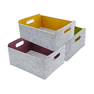 Welaxy Storage Baskets 3-piece Felt Foldable Shelf Drawers Organizers Bins for Kids Toys Books magazine books paper sorting Fall decor (Curry+Moss green+Wild berry)