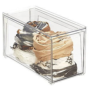 mDesign Plastic Stackable Closet Storage Organizer Bin Containers with Front Pull Drawer for Cabinet, Desk, Shelf, Cupboard, or Dresser Organization - Lumiere Collection - Clear