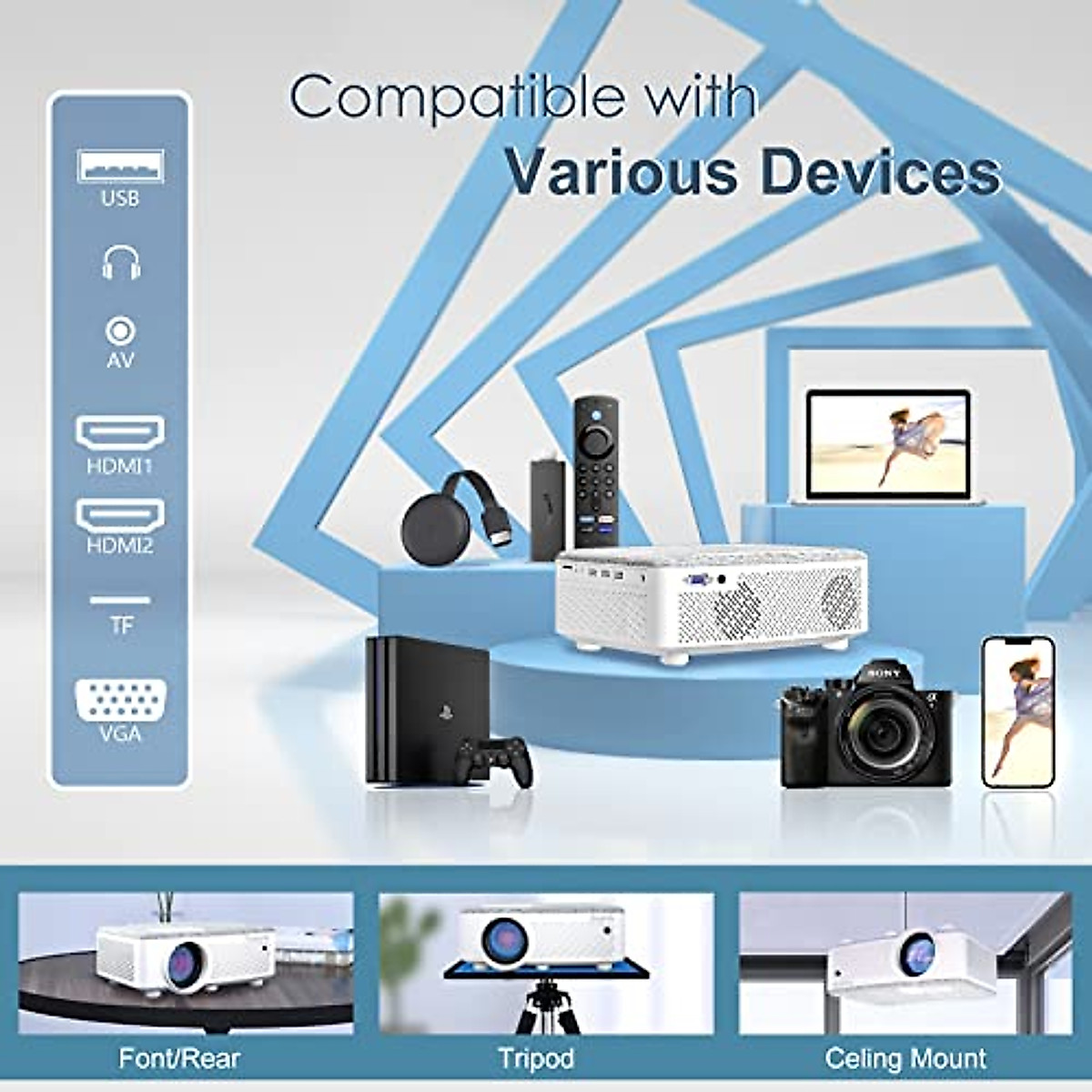 Projector with WiFi and Bluetooth [120" Projector Screen Included] 2023 Outdoor Movie Projector iOS & Android Native 1080P Full HD 9500L Compatible with TV Stick,Video Games, PC, Laptop,Smartphone